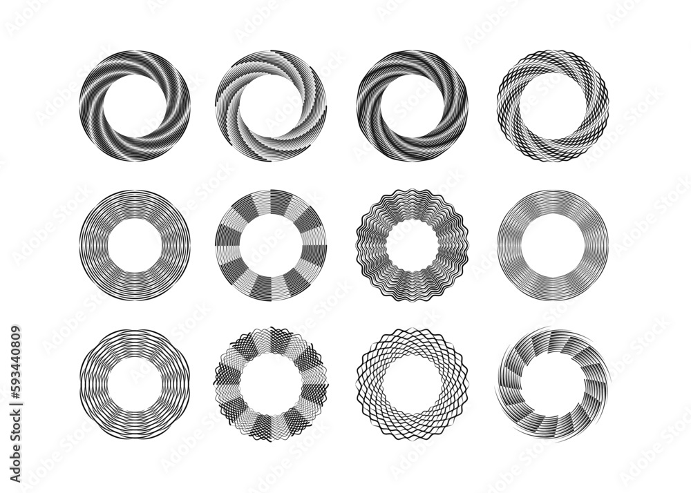 Set of editable spiral line flowing from the center outwards and vice ...