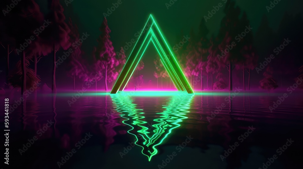 Neon triangle metaverse virtual environment with digital wave, fantasy ...