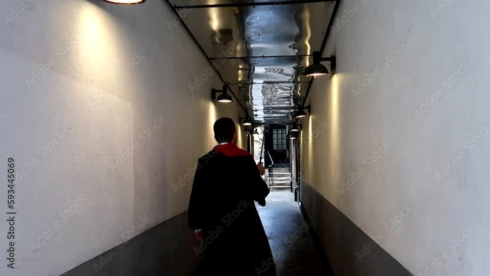 Man dressed like Harry Potter pulls out magic wand and walks alley with ...