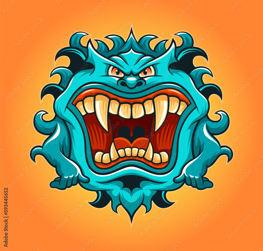 Monster head with bared teeth. Roaring beast - cartoonish logo style ...