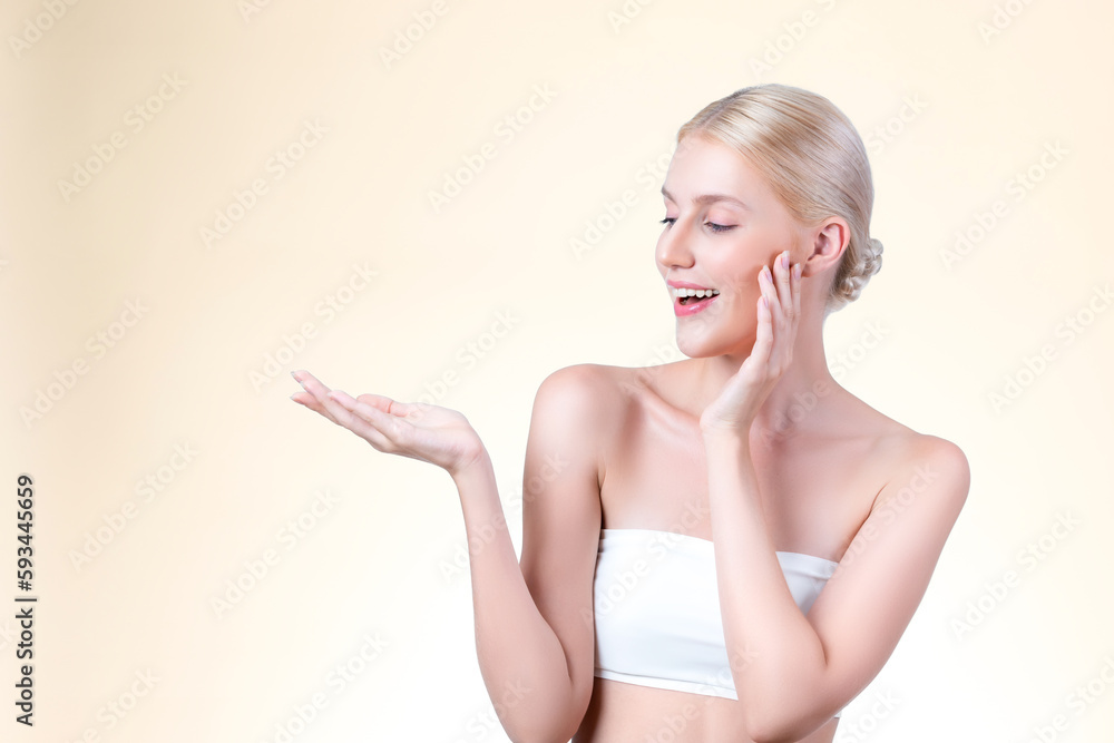 Personable beautiful woman with perfect smooth and clean skin portrait ...
