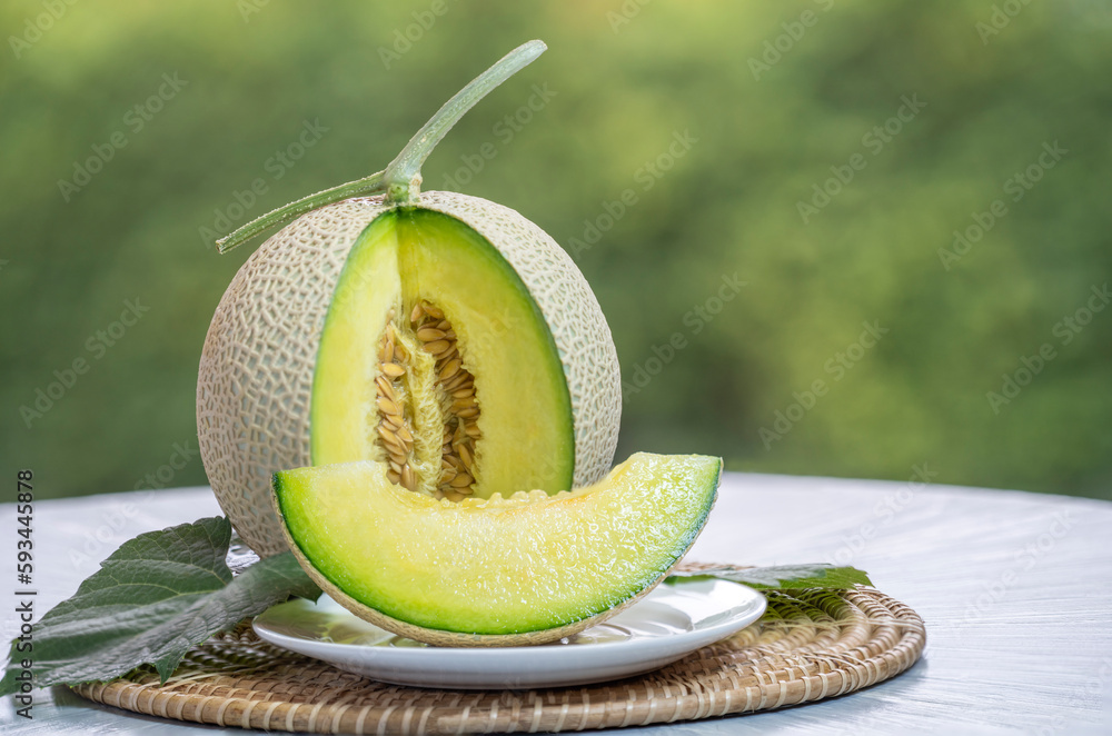 Crown Musk Melon on nature background, Shizuoka Crown Melon Yama Grade ...