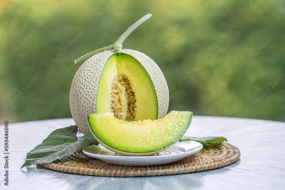 Crown Musk Melon on nature background, Shizuoka Crown Melon Yama Grade ...