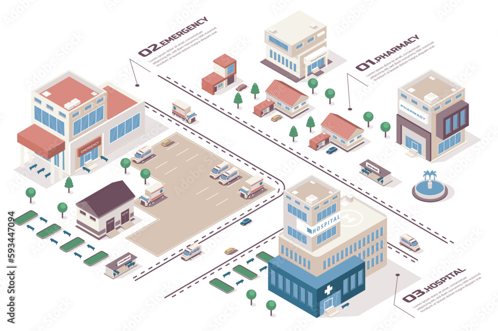 Medical center concept 3d isometric web infographic workflow process ...