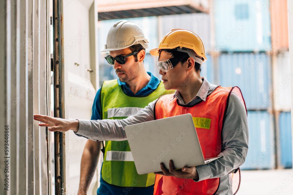 Team Engineer and worker wear safety uniform check control loading ...