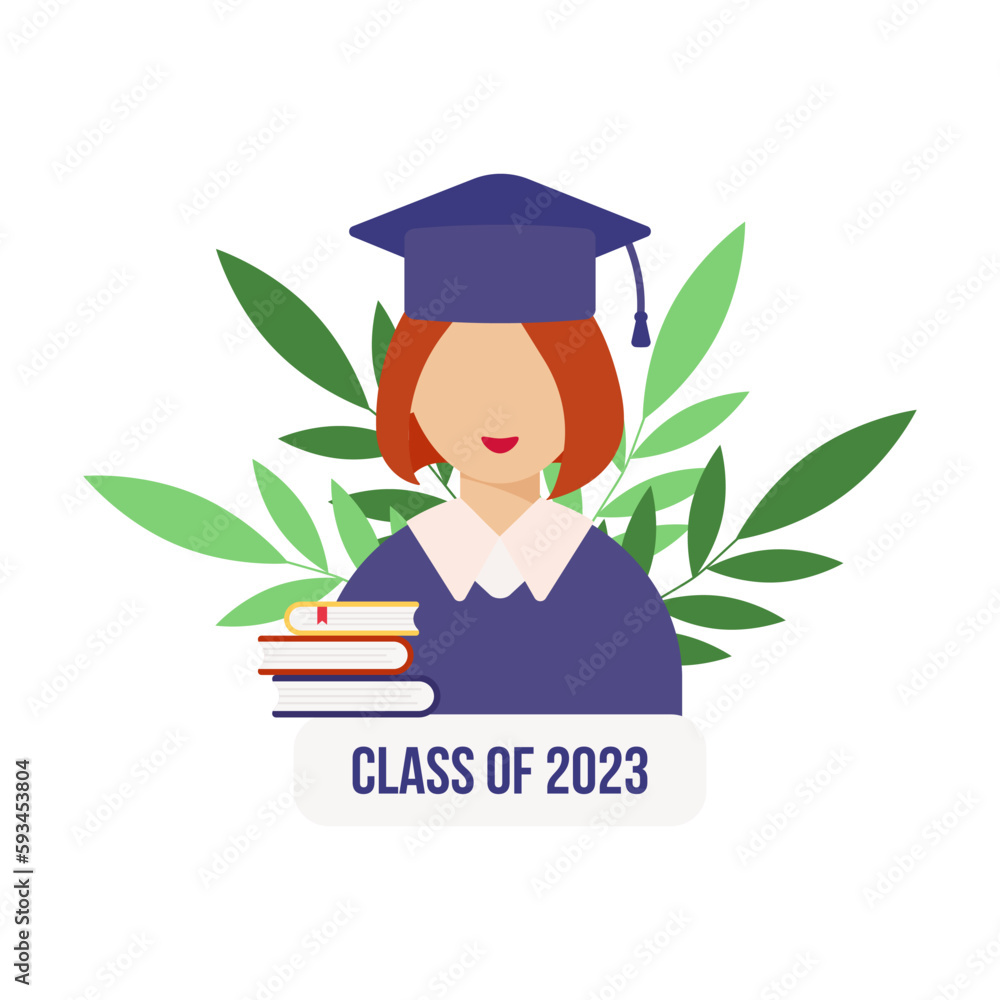 Graduation day. Smiling student and books. Lettering class of 2023 ...