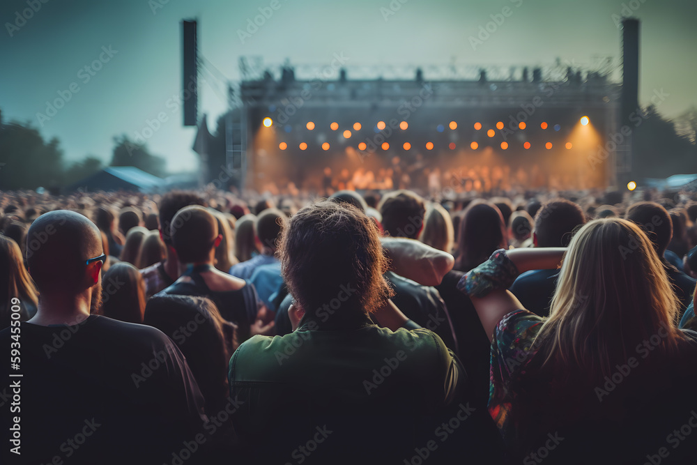 Rear view of the crowd of spectators at a concert in the distance an ...