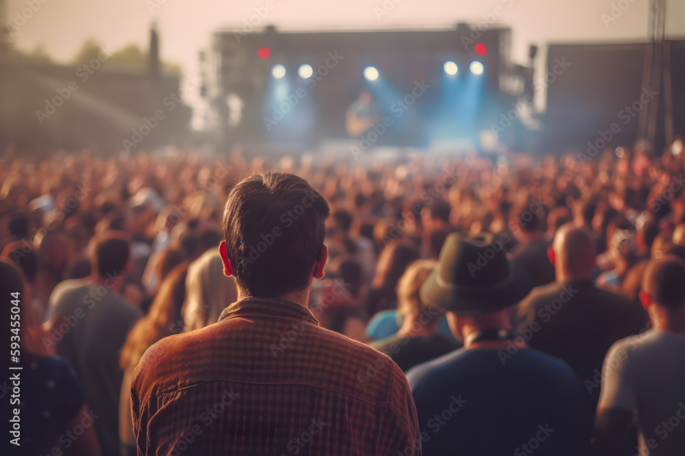 Rear view of the guy crowd of spectators at a concert in the distance ...