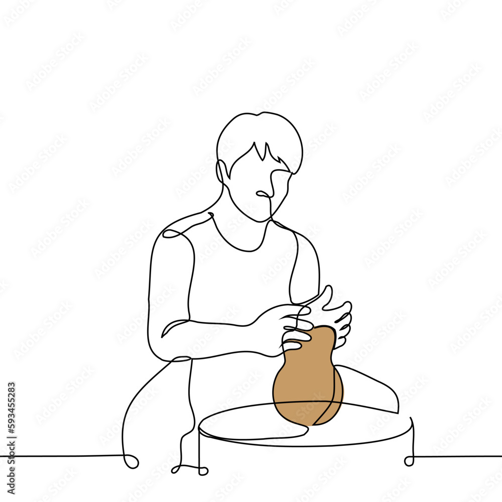 man sits at a potter's wheel sculpts a vase - one line drawing vector ... man sits at a potter's wheel sculpts a vase - one line drawing vector ...