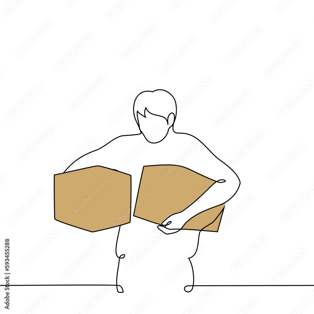man carrying brown cardboard boxes in both hands- one line drawing ...