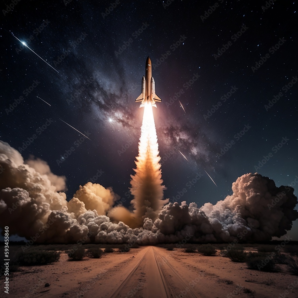 A rocket carrying a satellite being launched with a camera angle from ...