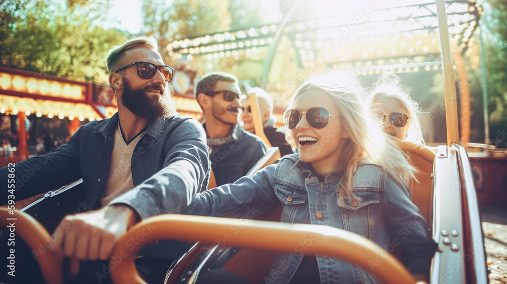 Group of people riding roller coaster ride in park. Family having fun ...
