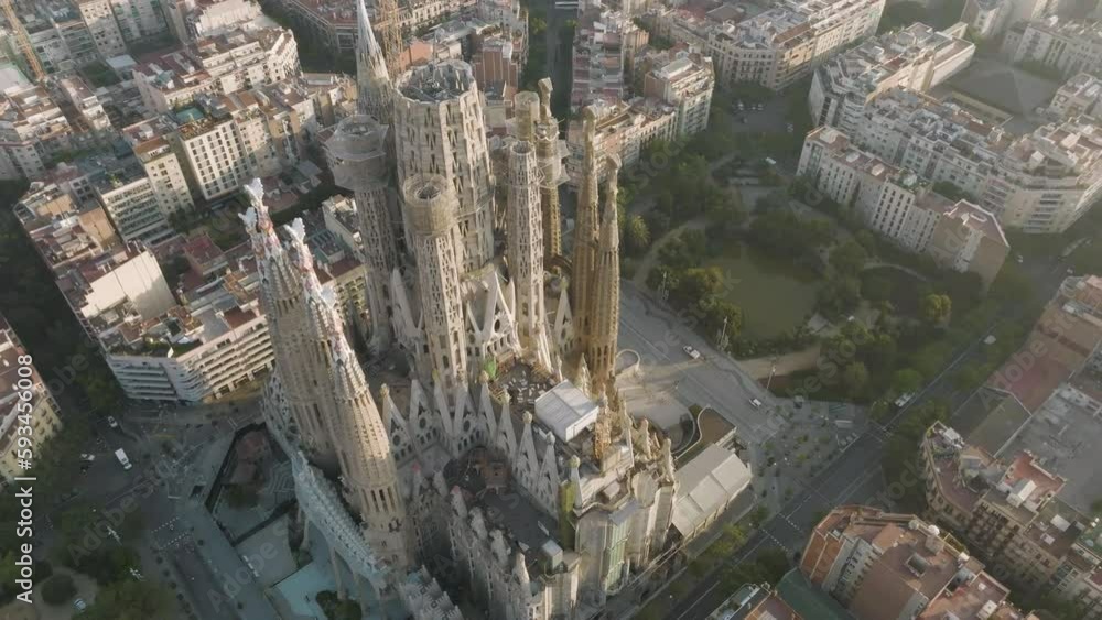 Drone view of Sagrada Familia basilica in Barcelona. Eixample district. Cathedral designed by ...