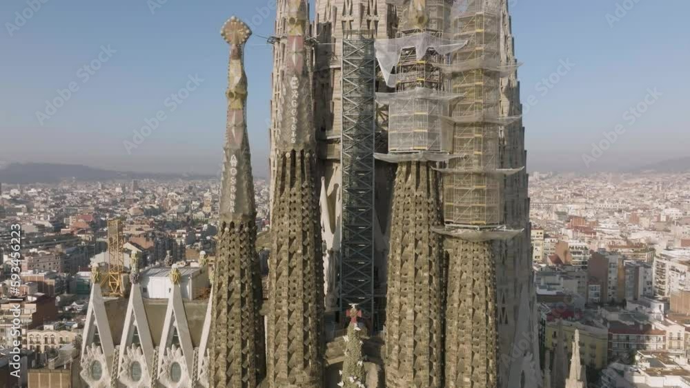 Drone view of Sagrada Familia basilica in Barcelona. Eixample district. Cathedral designed by ...