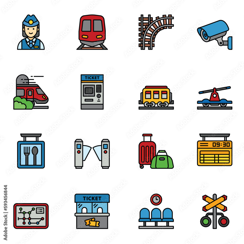Train and railways lineal color icon set 2. intercity, international, freight trains, symbols ...