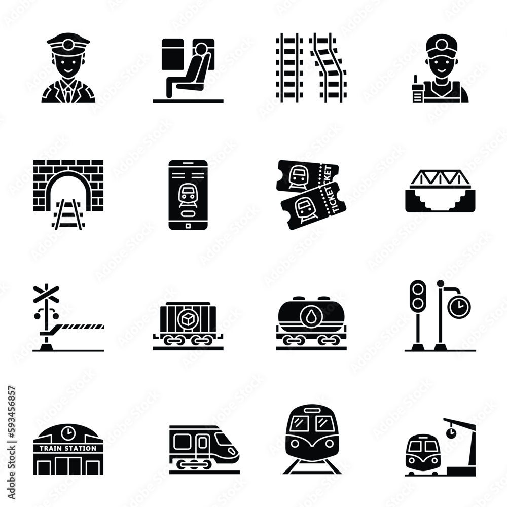 Vektorová grafika „Train and railways glyph icon set 1. intercity, international, freight trains ...