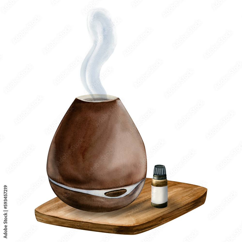 Watercolor electric wooden aroma oil diffuser illustration with ...