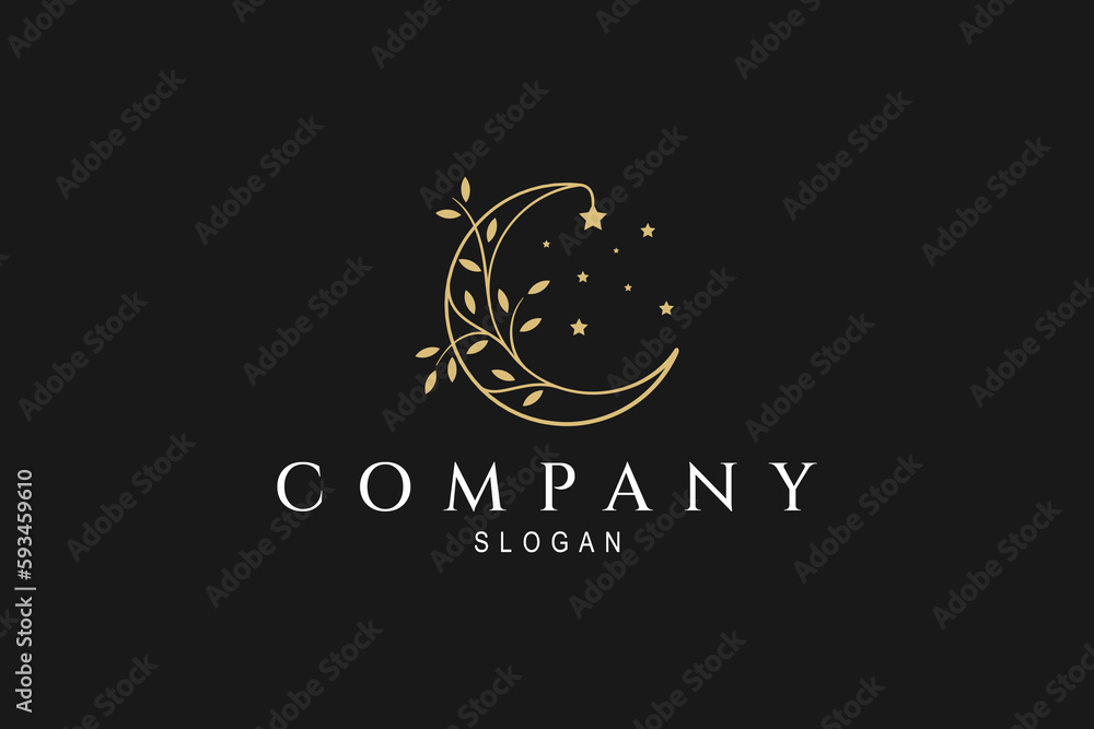 Luxurious crescent moon logo decorated with stars with plant variations ...