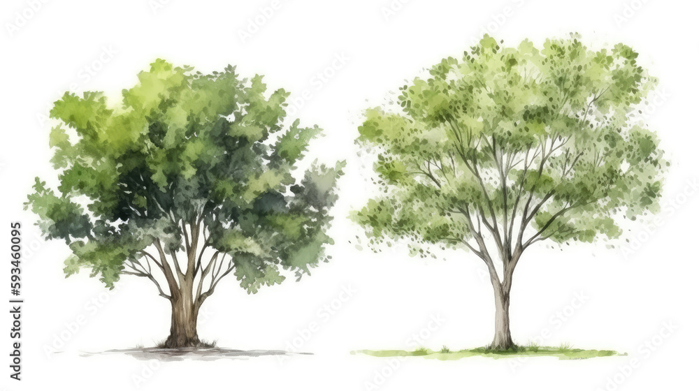 Vector watercolor of tree side view 3 isolated on white background for ...