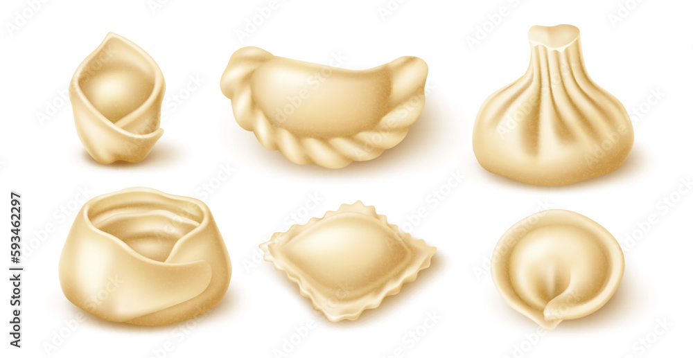 Realistic dumplings. Isolated asian, italian and caucasian food, boiled ...