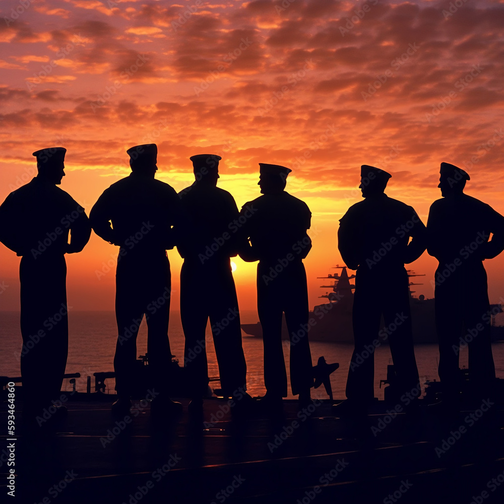 5 Navy service men standing on the edge of the aircraft carrier USS ...