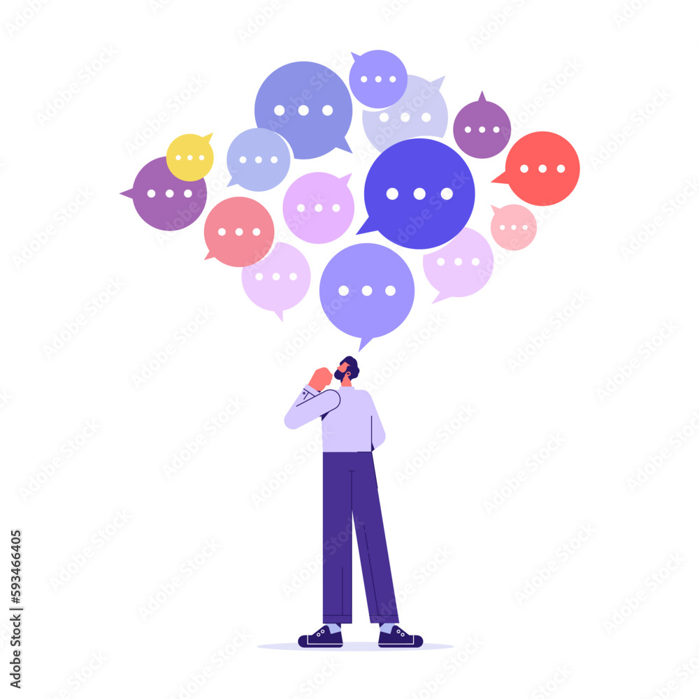 Gather ideas concept. Businessman with many speech bubbles. Metaphor ...