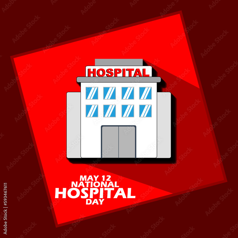 Hospital icon with bold text in a frame on a dark red background to ...
