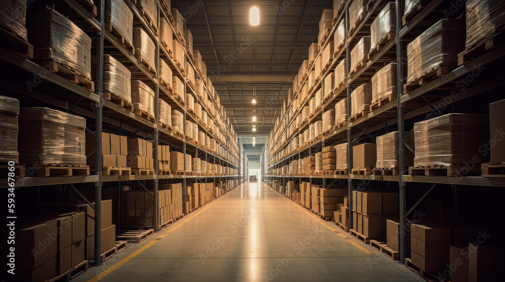 A huge distribution warehouse filled with high shelves, emphasizing the ...