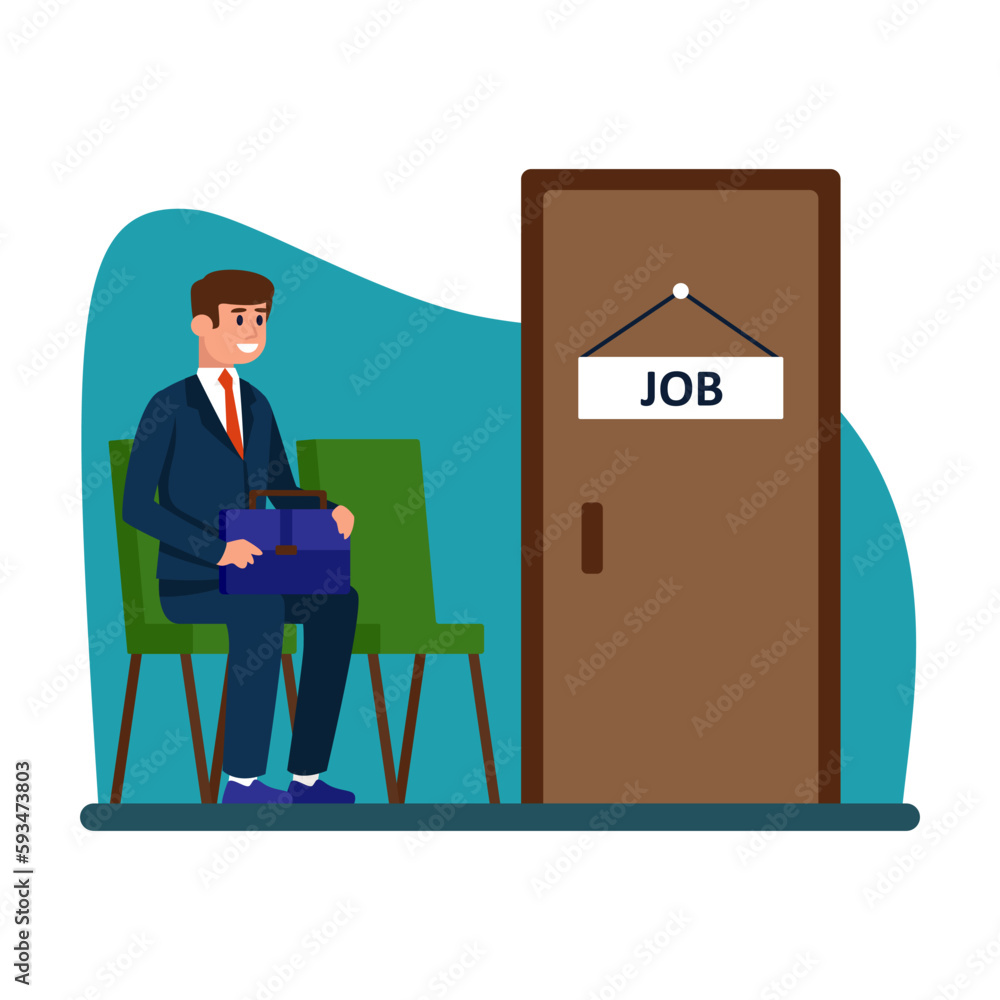 Vetor de Cartoon character of young man waiting for job interview ...