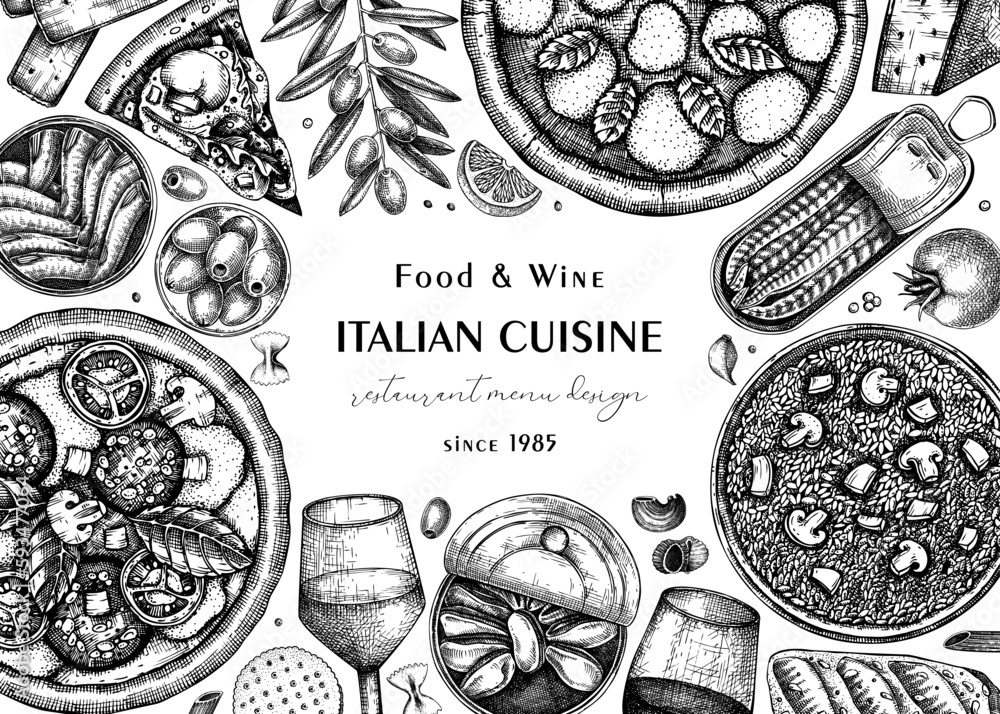 Italian cuisine vintage background. Hand drawn pizza, pasta and risotto ...