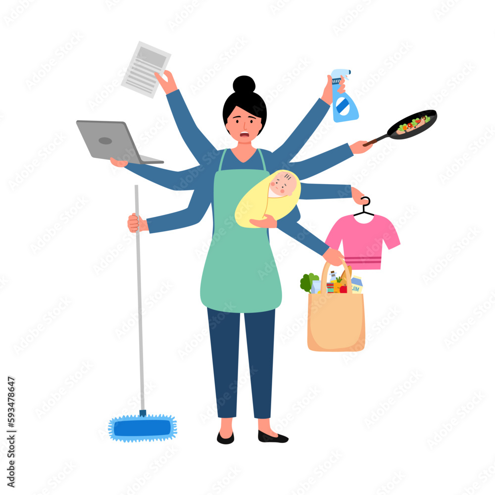 Busy mom multitasking with housework and baby in flat design on white ...