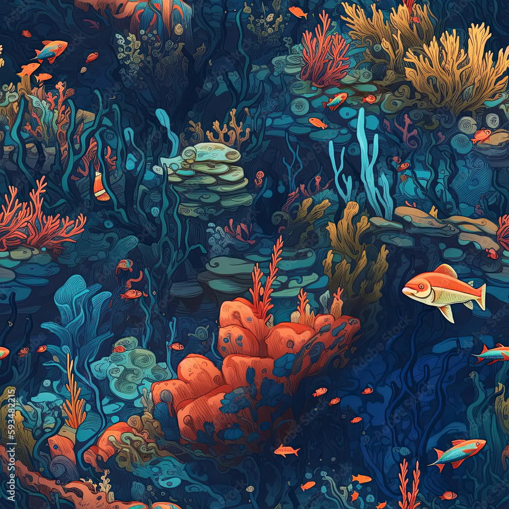 sea background with seamless pattern with fish and tropical algae in ...