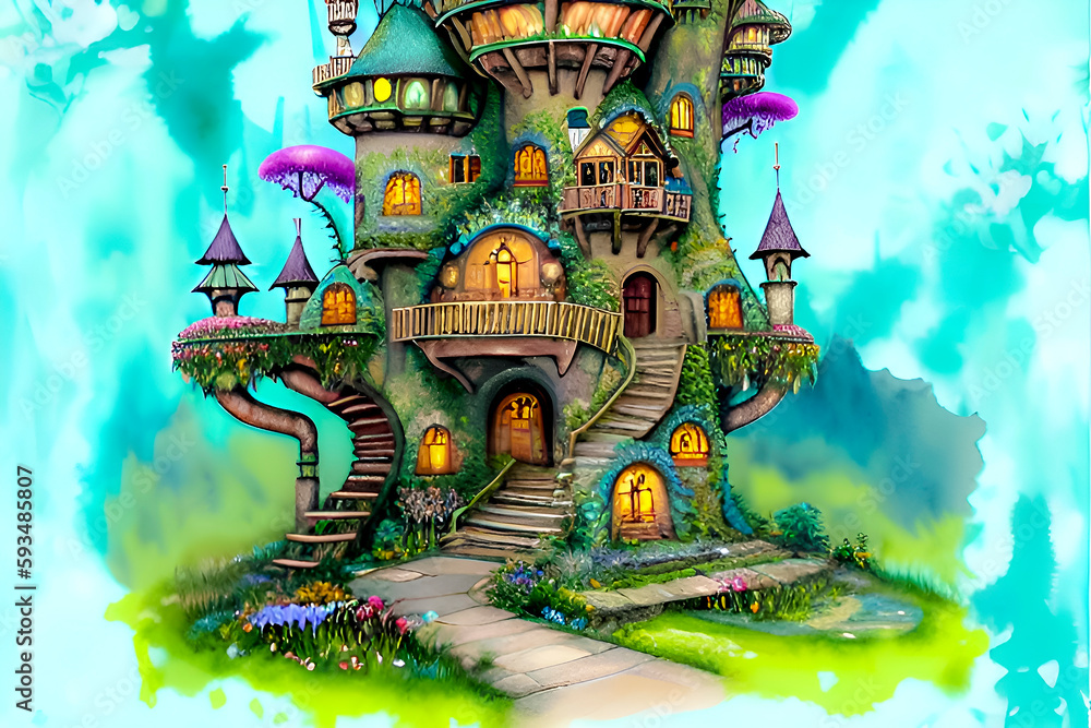 Fantasy fairy tale castle in the jungle. Digital watercolor painting ...
