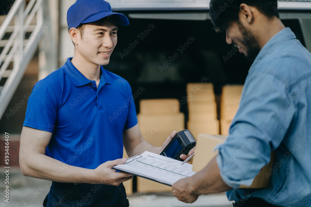 Asian delivery man, Hand using smart phone to scan QR code on tag ... Asian delivery man, Hand using smart phone to scan QR code on tag ...