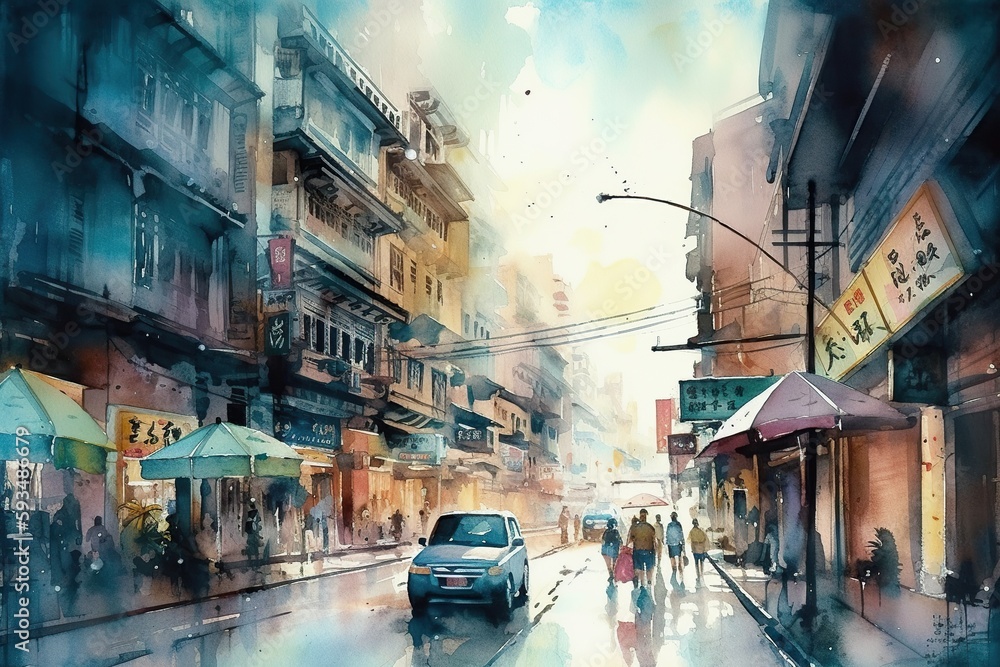 Watercolor painting of beautiful city. Landmark painting with colorful ...