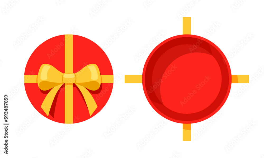 Open a round or circle red mystery gift box with a yellow ribbon on ...