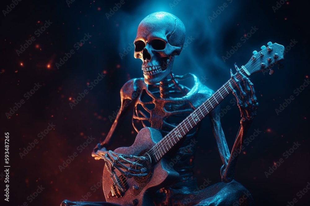 Mystical image of a skeleton playing a guitar, an anthropomorphic image ...