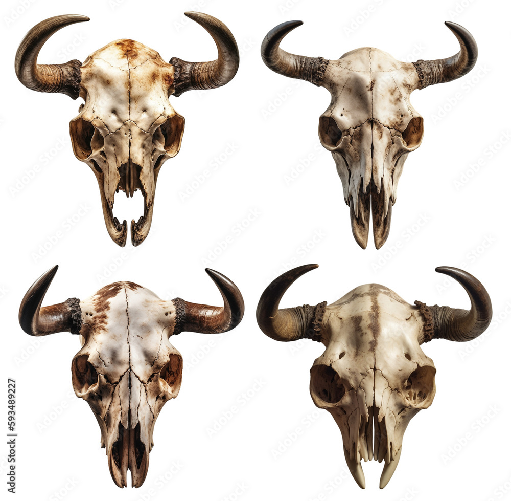 Four skulls of cows or bulls with horns on a transparent background ...