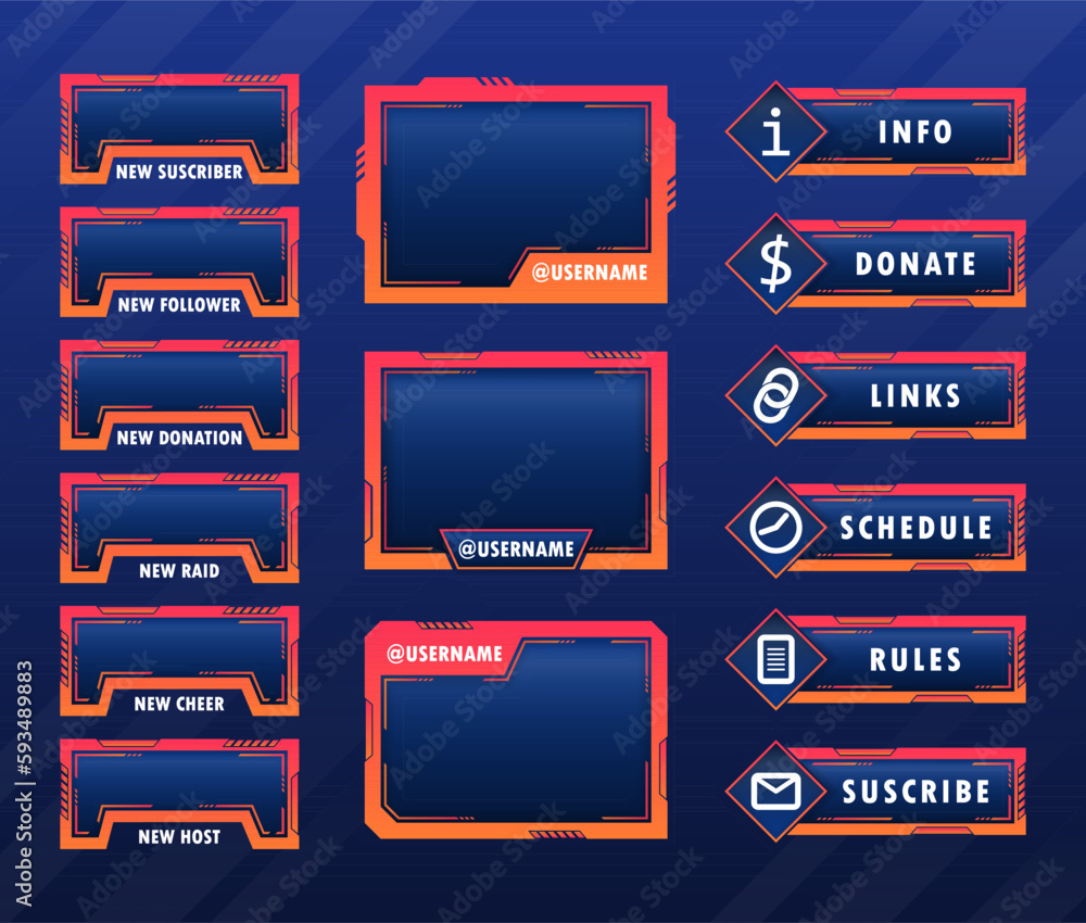 Streamer gamer interface template , video stream tags and broadcast digital menu for FAQ, chat ...