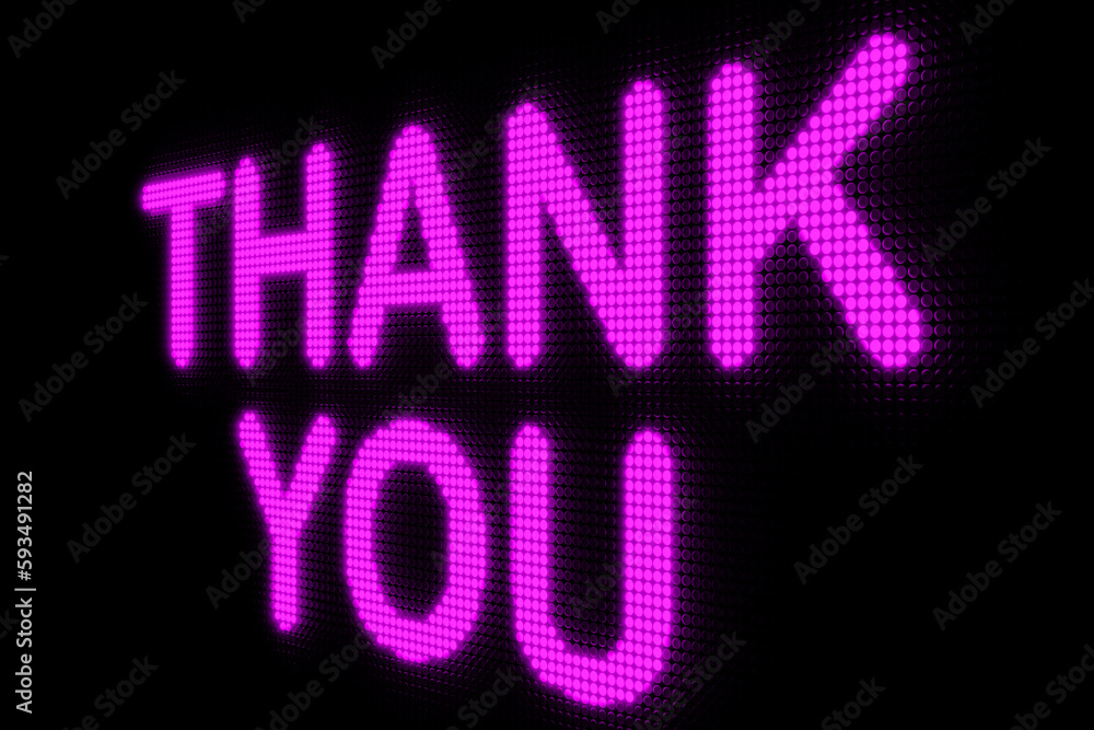Thank you. Dark LED screen with the word "Thank You" in purple glowing ...