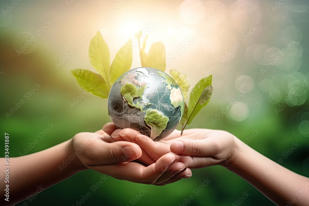Two human hands holding a small globe of planet earth with a young ...