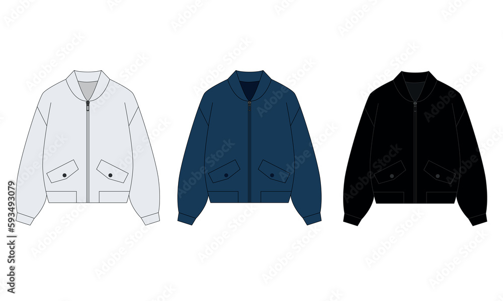 Collection of vector technical drawings of a zipper jacket in casual ...