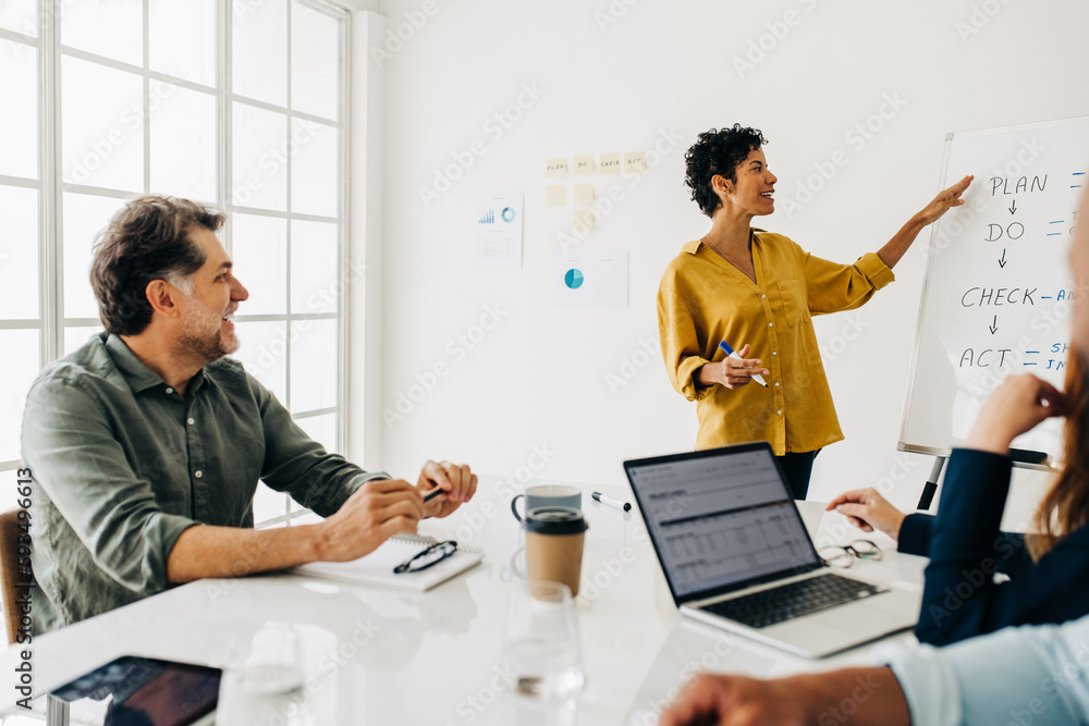 Black business woman giving a presentation. Woman explains the pdca ...