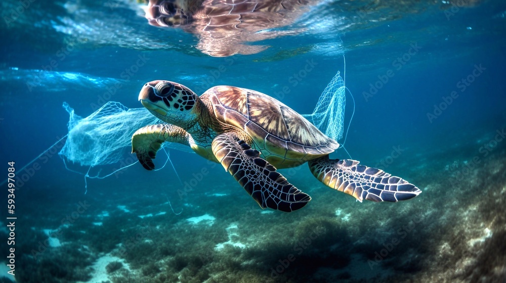 Turtle swims near a fishing net. Plastic pollution in ocean. The ...
