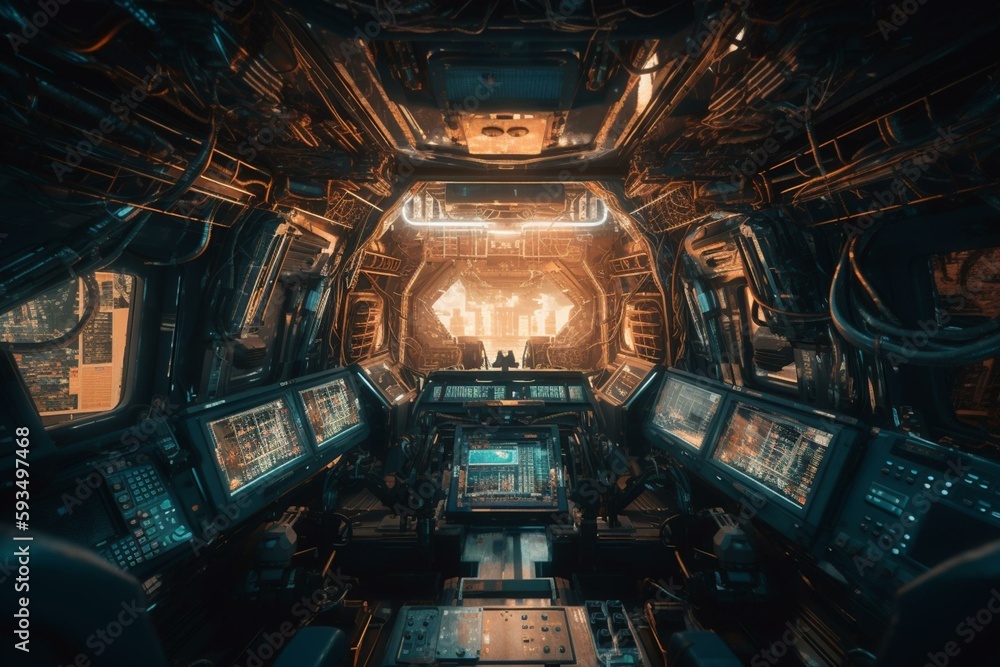 An astronaut inside spaceship cockpit in the middle of inter galactic ...