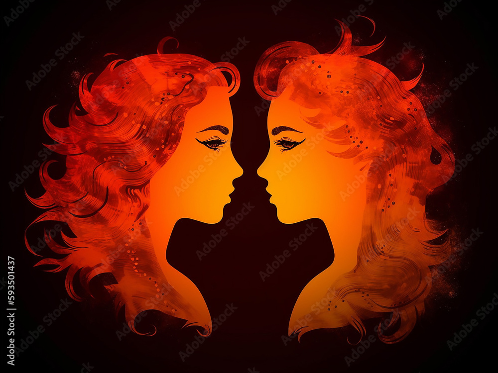 Zodiac image of the sign Gemini. Fiery silhouettes of two female ...