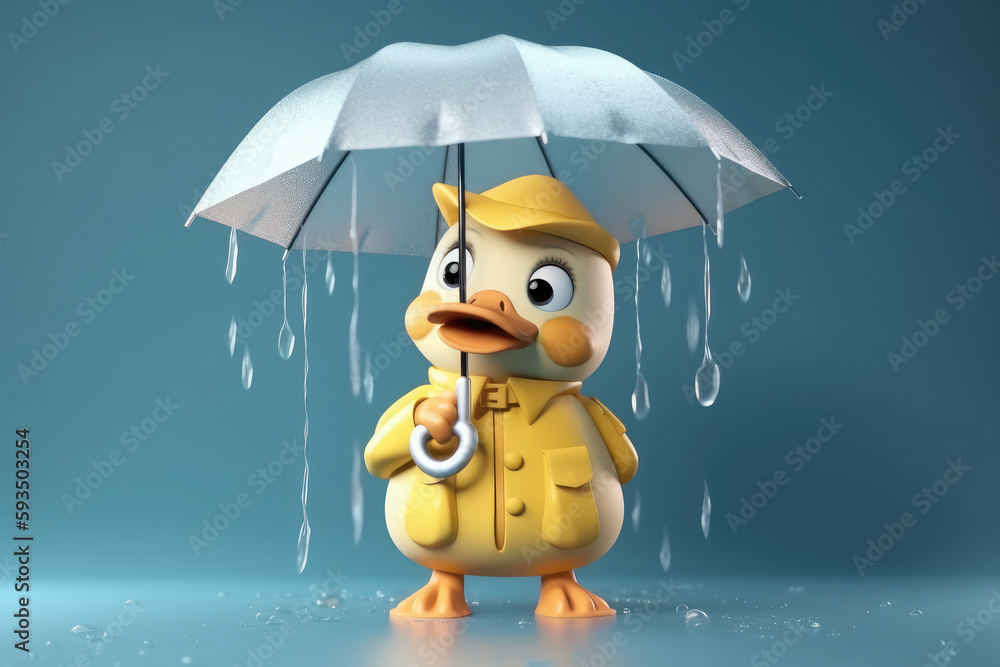 Cute Cartoon Duck Character Holding an Umbrella in the Rain, generative ...