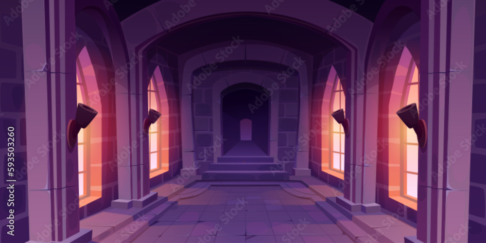 Cartoon castle hallway interior design. Vector illustration of corridor ...