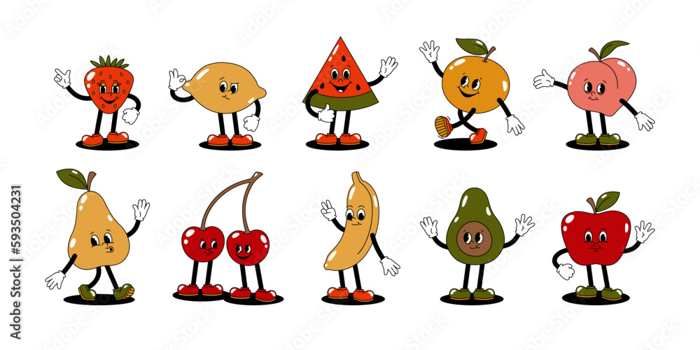Vector set of cartoon retro mascot colored illustrations of walking ...