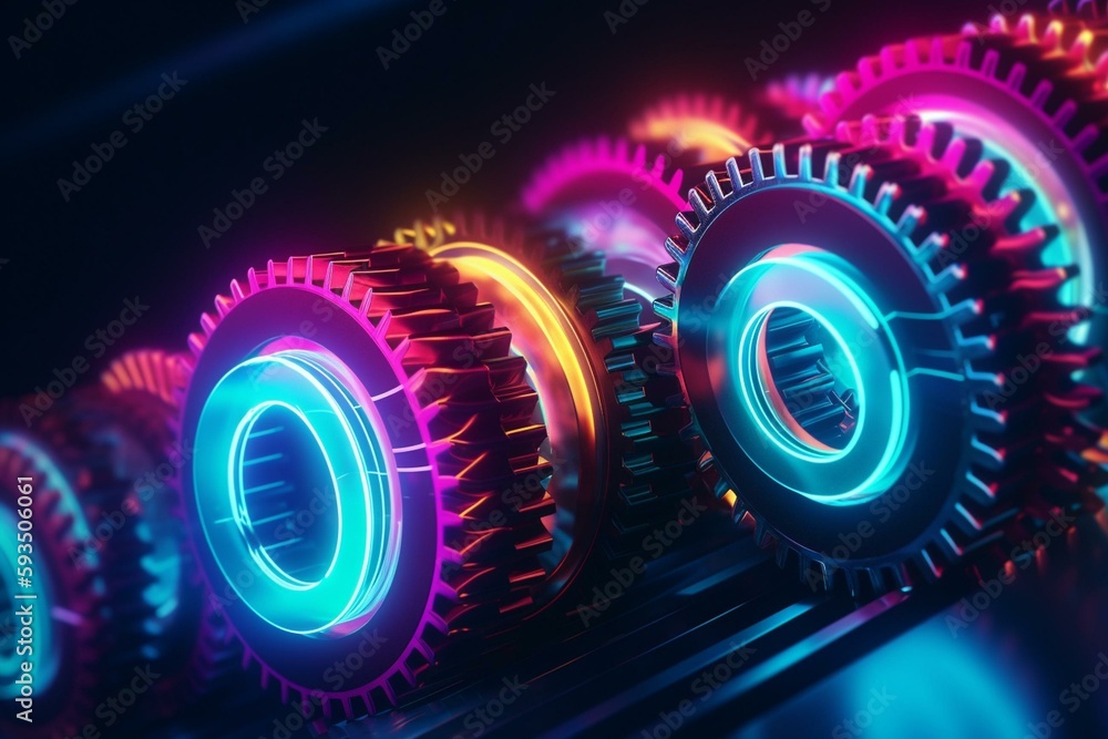 neon Cog wheels 3d rendering, abstract background of colorful neon wavy ...
